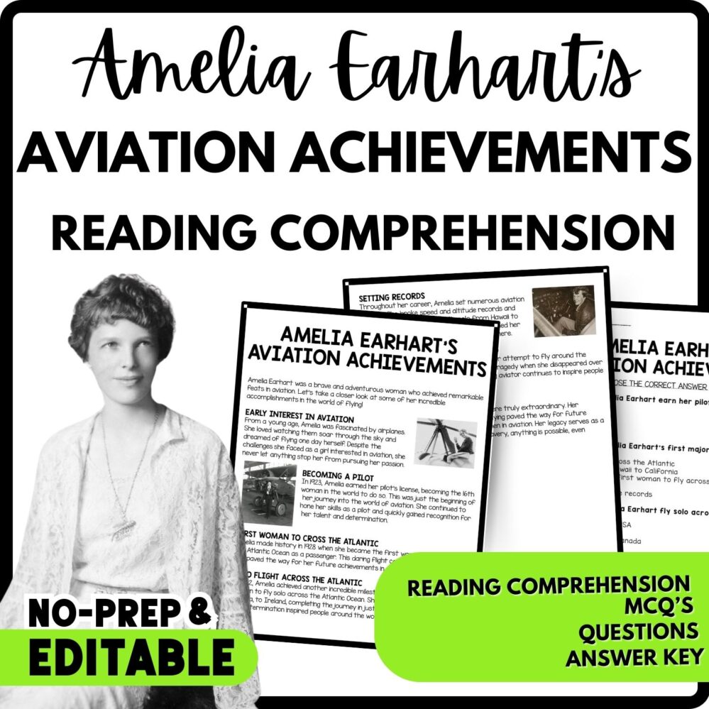 Amelia Earhart’s Aviation Achievements Reading Comprehension Worksheet ...