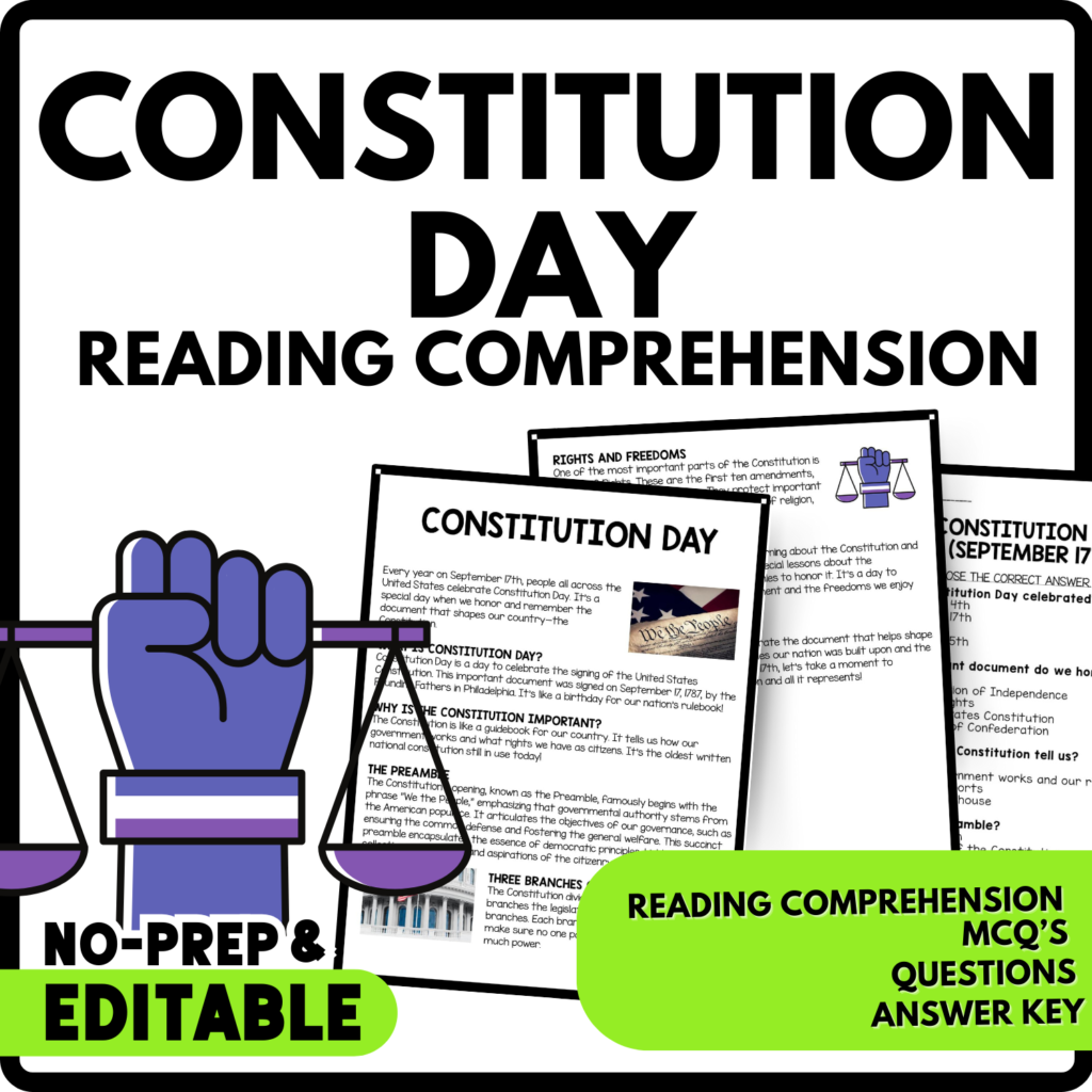 Constitution Day Reading Comprehension Worksheet - Teachers Stock