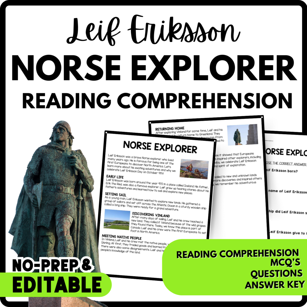 Leif Eriksson Day Norse Explorer Reading Comprehension Worksheet ...