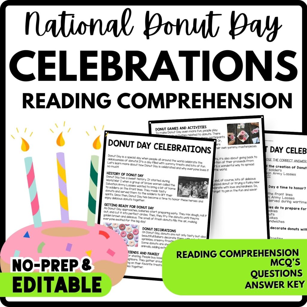 Donut Day Celebrations Reading Comprehension Worksheet - Teachers Stock